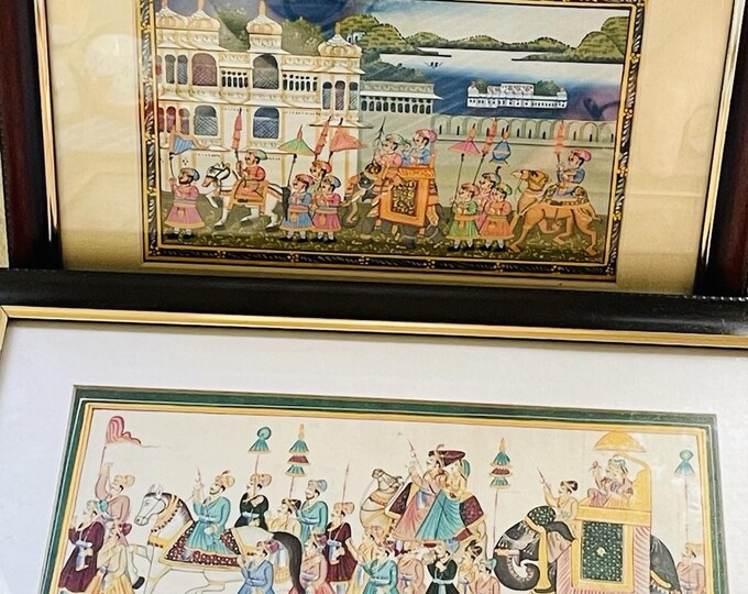 2 Hand Painted Rajasthani Procession Mughal Painting Silk Art Matted ...