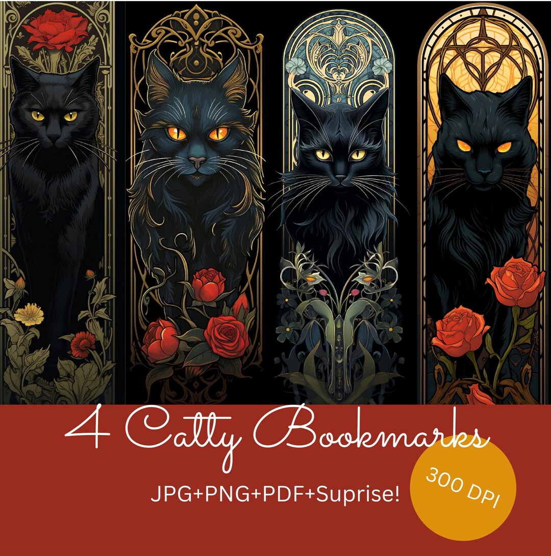 Set of 4 Digital Black Cat Bookmarks in 3 Different File Formats ...