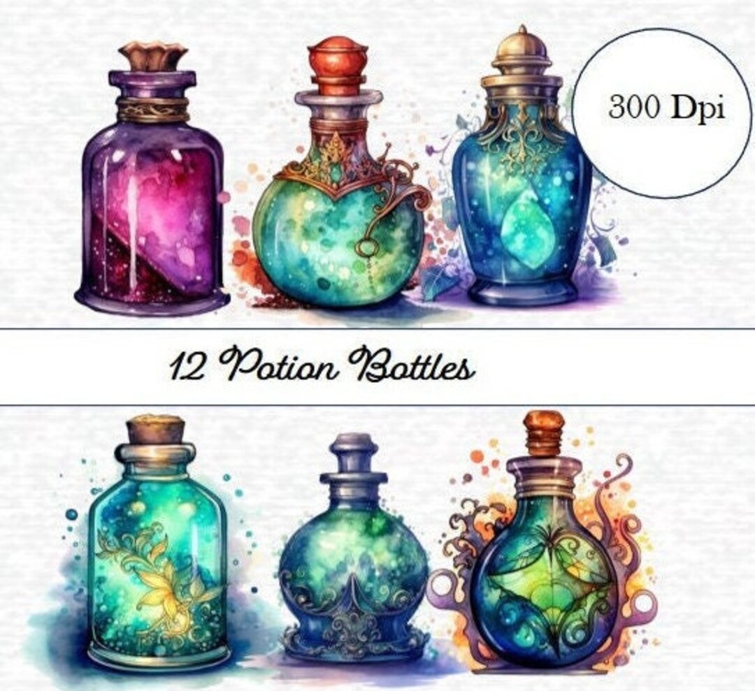Watercolor Potions Elixirs Clipart Gleaming 300 DPI PNG Files, Fantasy ...