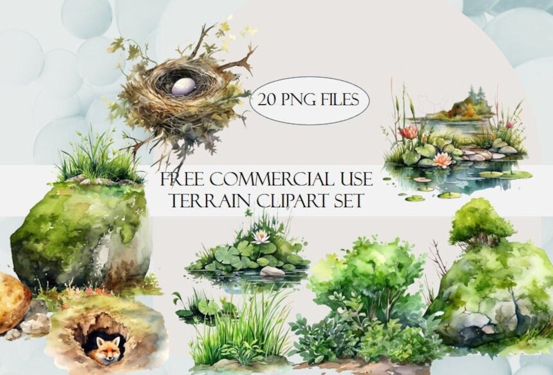 Terrain Clipart Set of 20 Lush Grassy Fields, Tranquil Ponds, Enchanted ...