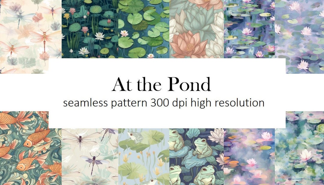 Monet-inspired Pond Themed Seamless Patterns 12 Frogs, Water Roses ...