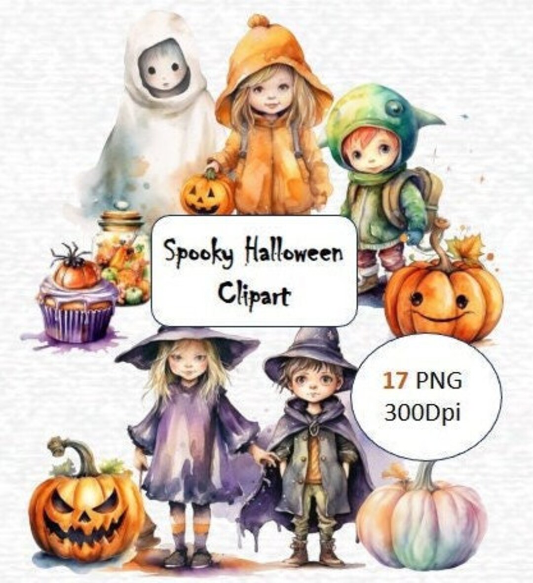 Cute Halloween Watercolor Clipart Collection, Kids in Costumes, Candy ...