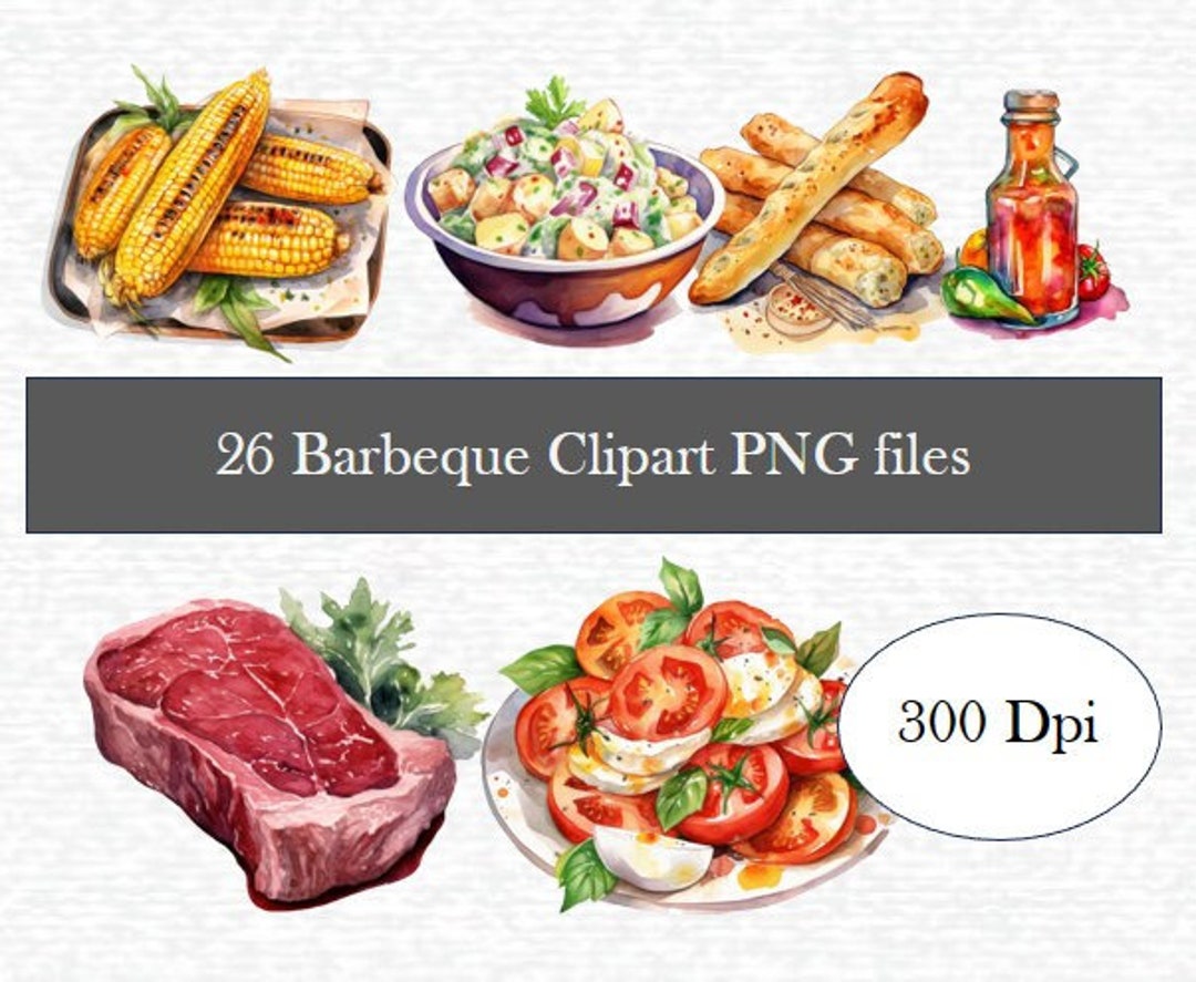 Watercolor Barbeque Food Clipart, Set of 26, High-resolution PNG, 300 ...