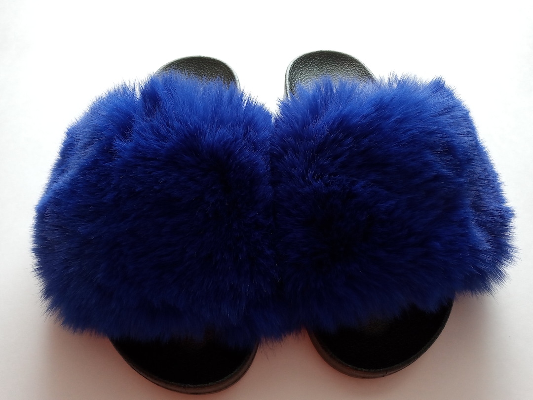 New Sandal, Soft Faux Fur Slide Slipper Open Toe, Slip On, Royal Blue ...