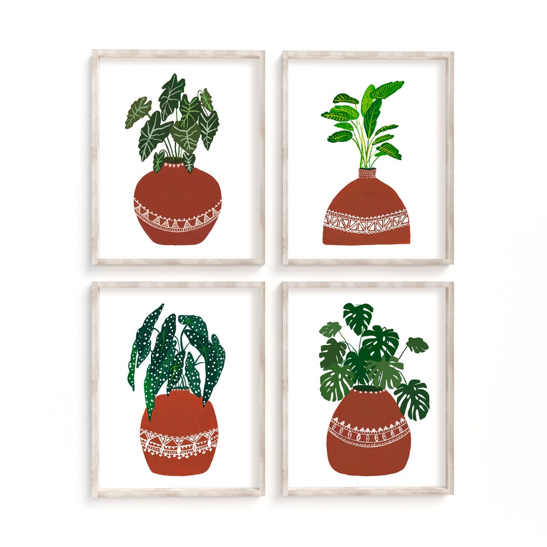 Set of 4 Bohemian Home Wall Art, Original Art Print, House Plant Print ...