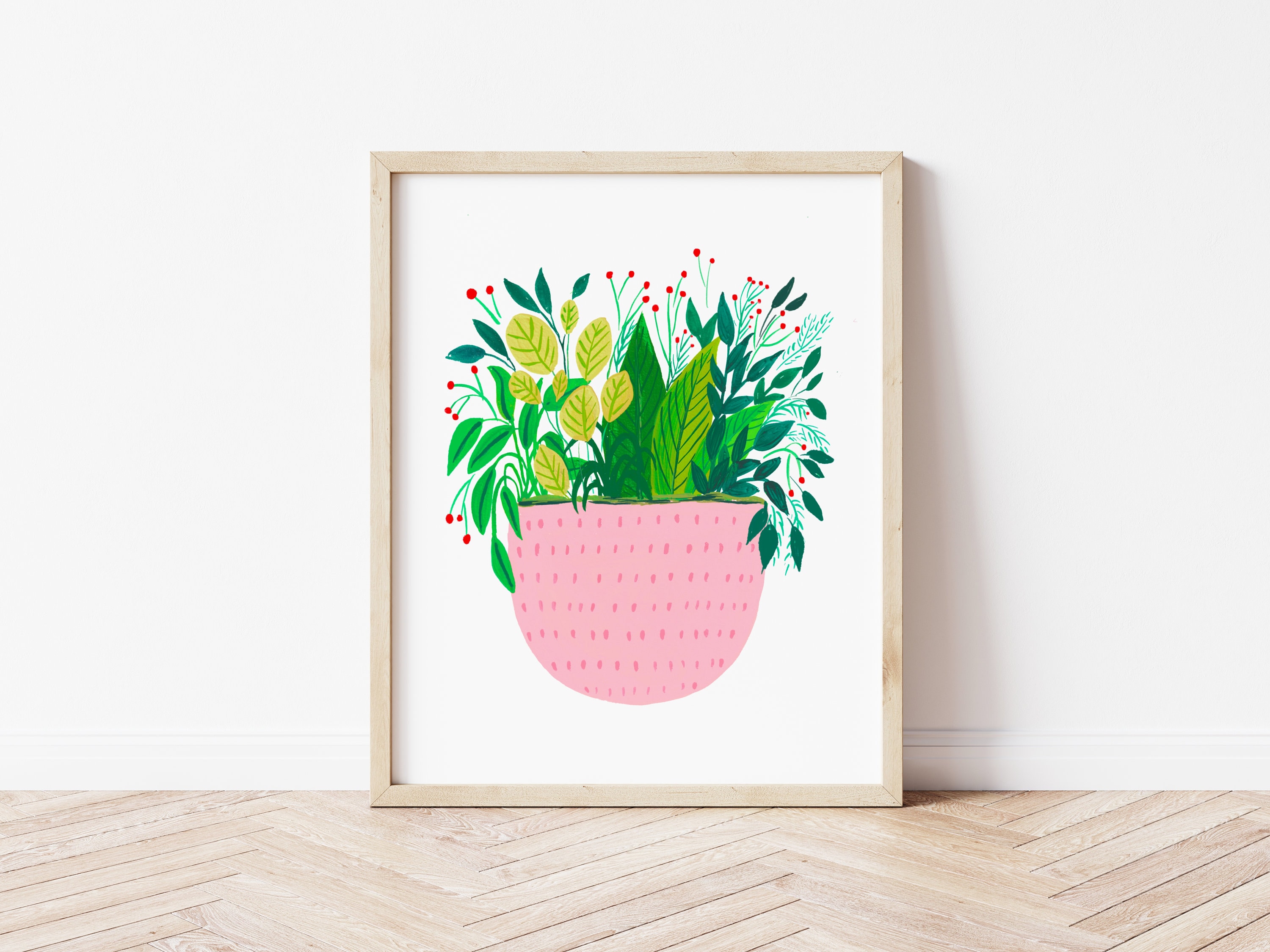 Pink plant art print houseplant art print plant wall decor | Etsy