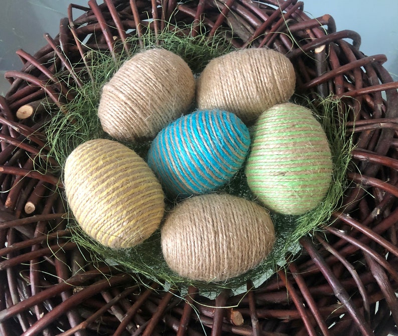 Rustic Colorful Jute Eggs Set of 6 Eggs Pastel Easter Decor Primitive ...