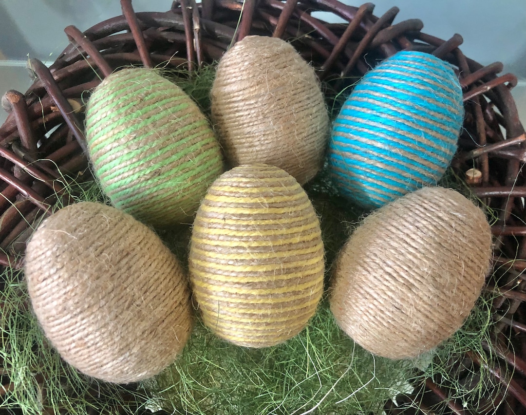 Rustic Colorful Jute Eggs Set of 6 Eggs Pastel Easter Decor Primitive ...