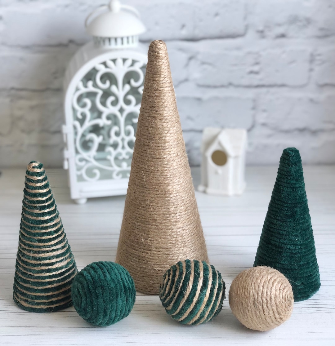 Set of Rustic Christmas Tree Jute Tree Table Decor Jute Farmhouse Decor ...