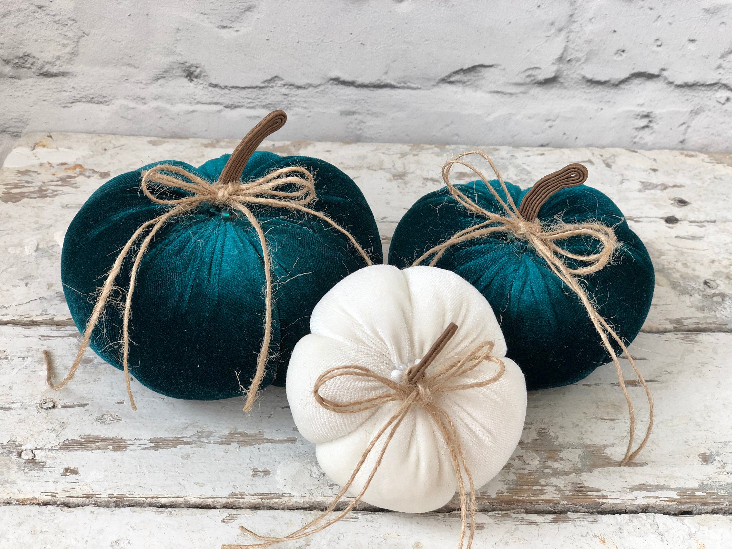 Velvet pumpkins set White and teal fall decor Emerald pumpkins | Etsy