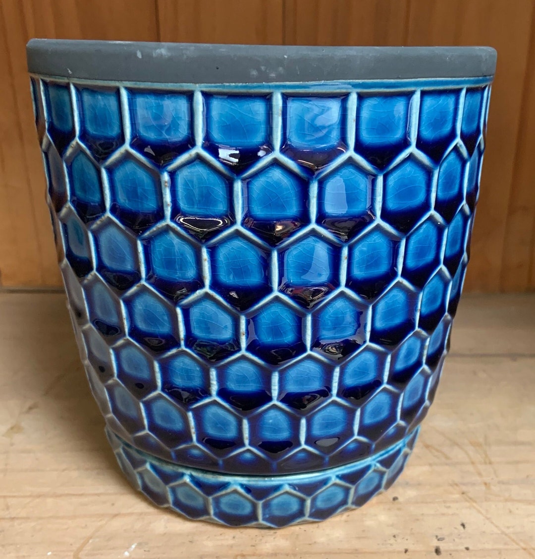 6" Glazed Ceramic Planter/pot Handmade Blue Bee Hive Style 6 Inch With ...