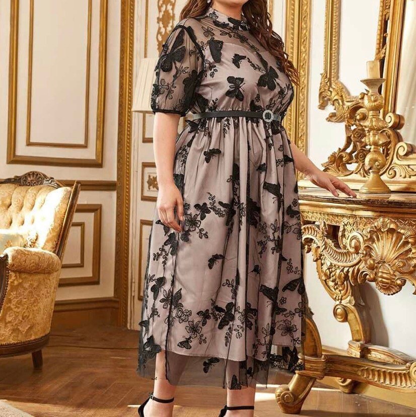 Shien Curve 60s Inspired Butterfly Embroidered Mesh Overlay Dress ...