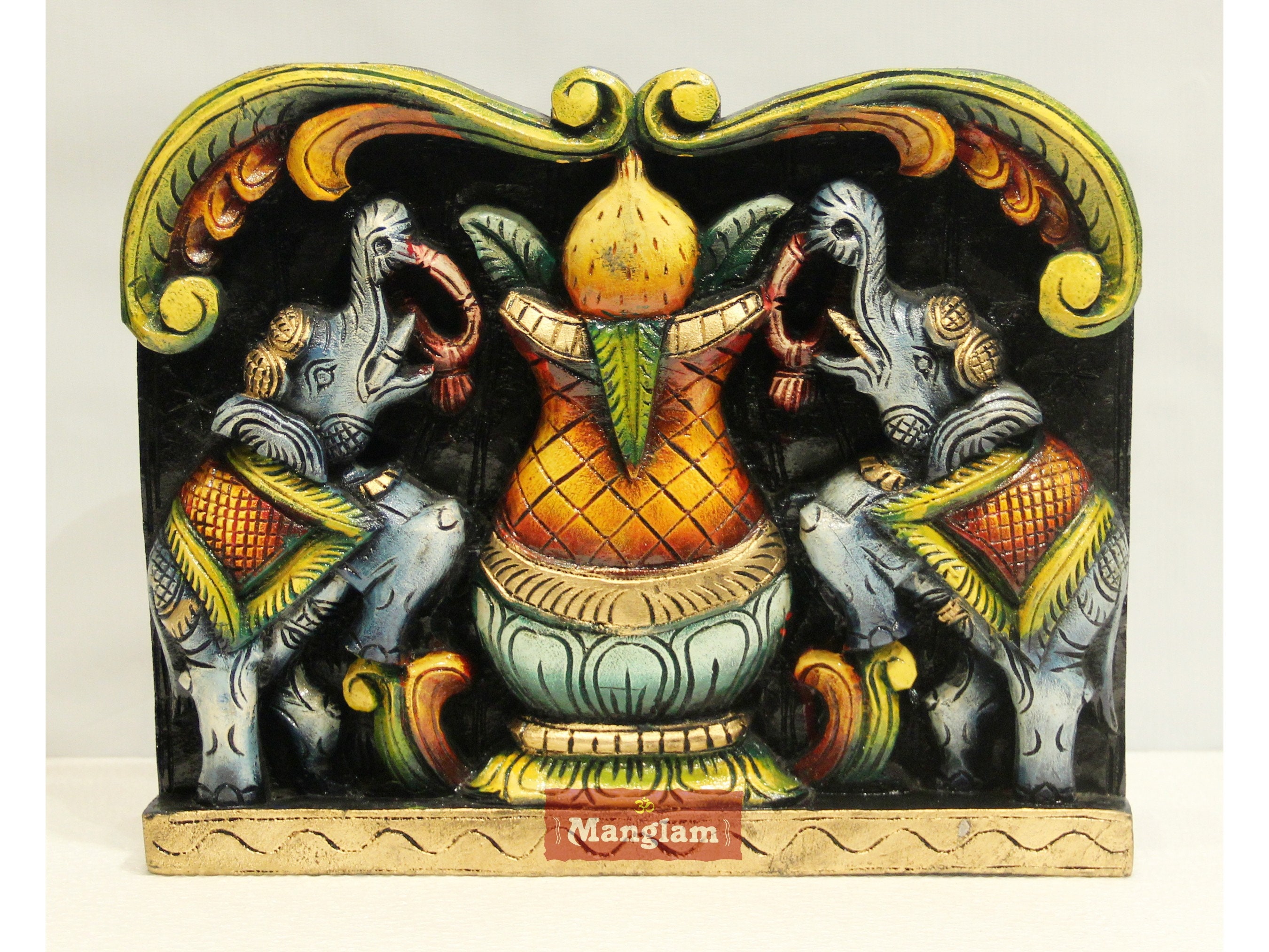 WOOD CARVED KALASH with elephants wall artdecorative wall | Etsy