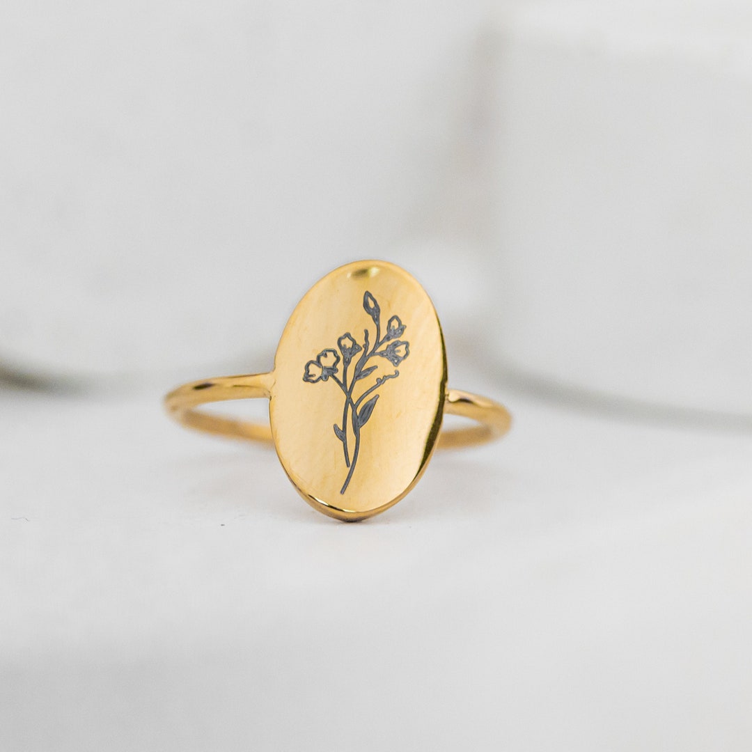 Birth Flower Ring Birth Flower Jewelry Custom Flower Jewelry Engraved ...