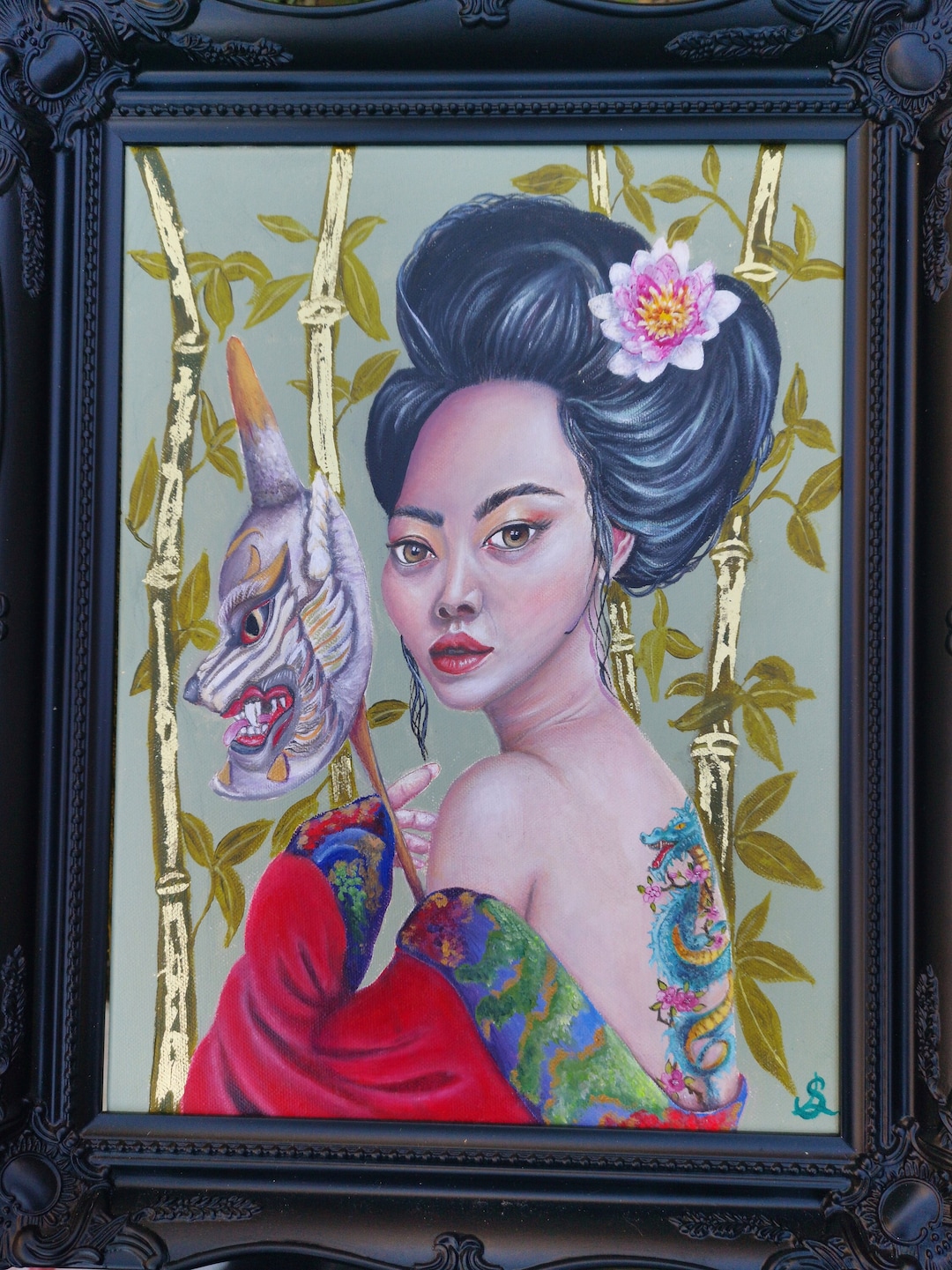 Japanese Woman Painting: Yokai Mask, Gold Leaf Bamboo, Dragon Tattoo - Etsy