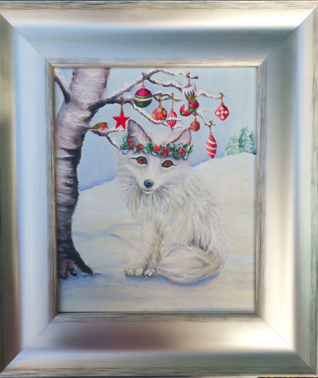 Arctic Fox Christmas Painting, White Fox Original Painting, Fox Art ...