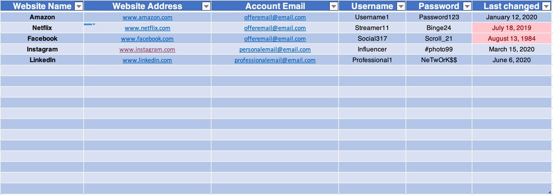 Password Manager Excel Template - Etsy