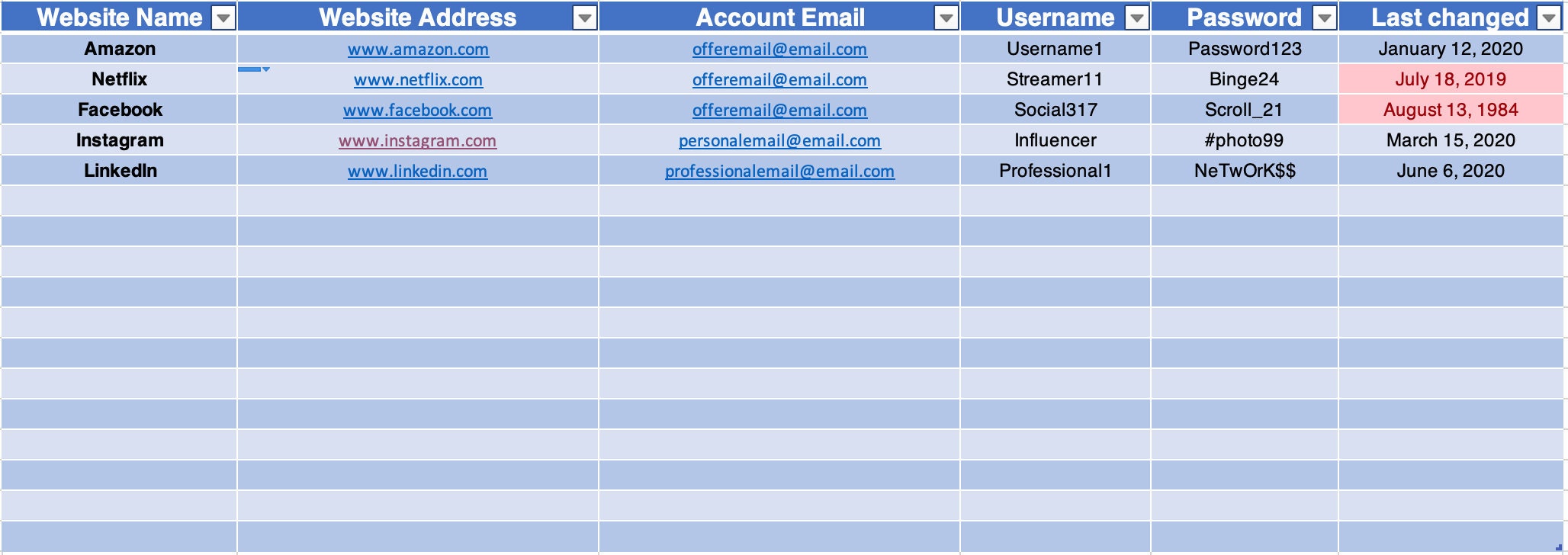 Password Manager Excel Template - Etsy