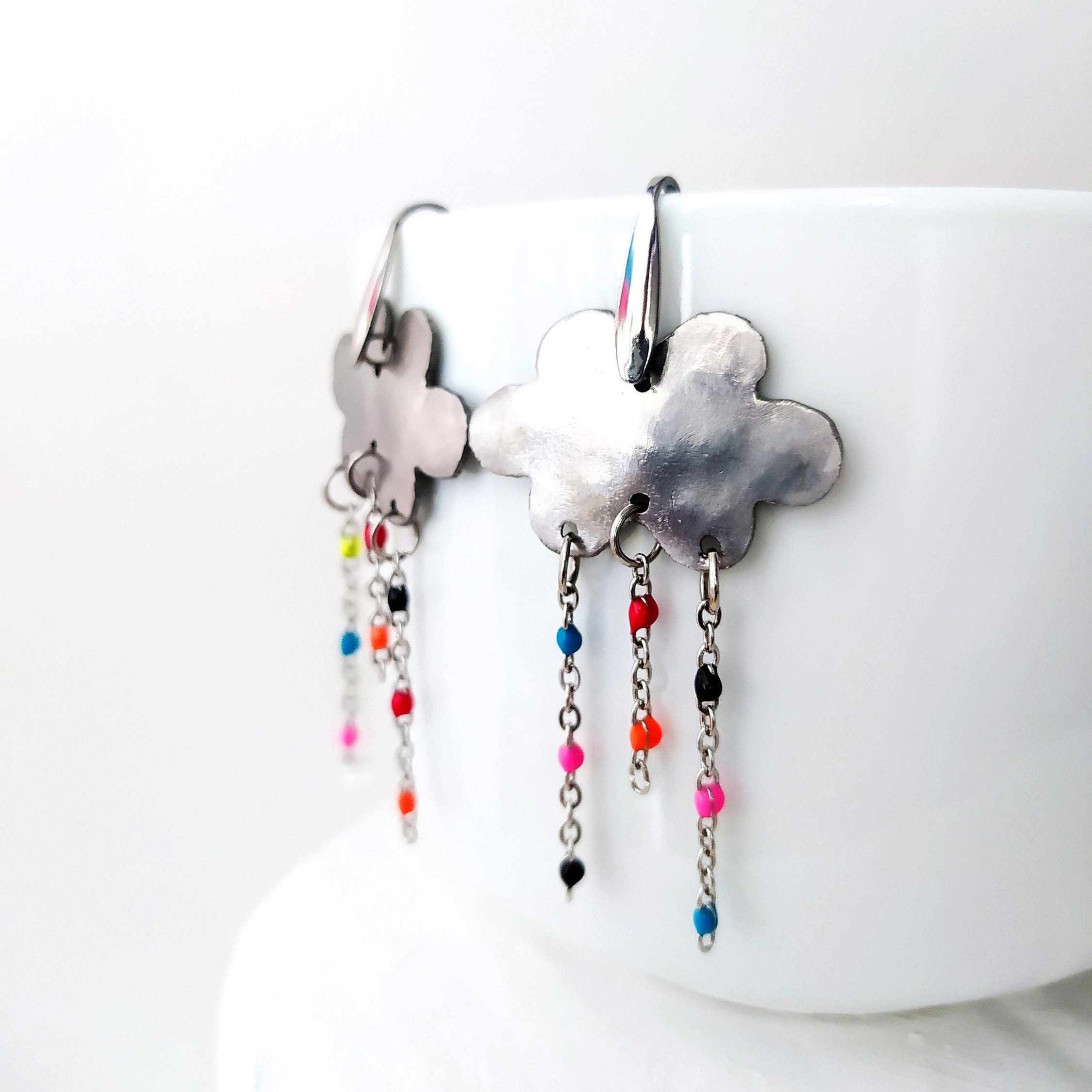 Cloud Dangle Earrings, Rain Cloud Earrings, Raindrop Earrings, Colorful Rain Earrings, Steel ...