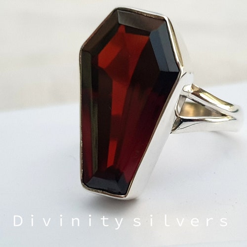 Red Garnet Ring Coffin Ring 925 Solid Sterling Silver - Etsy
