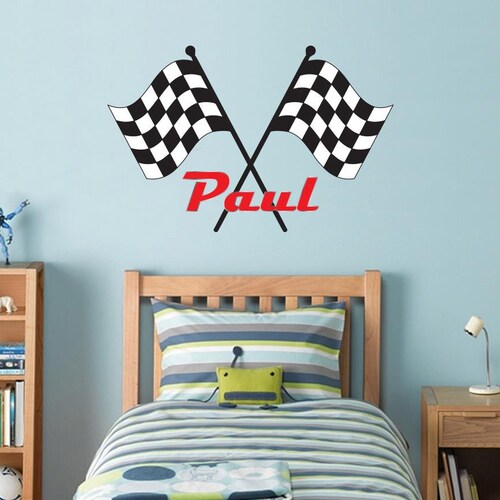 Personalized Name Wall Decal With Race Car Checkered Flag - Etsy