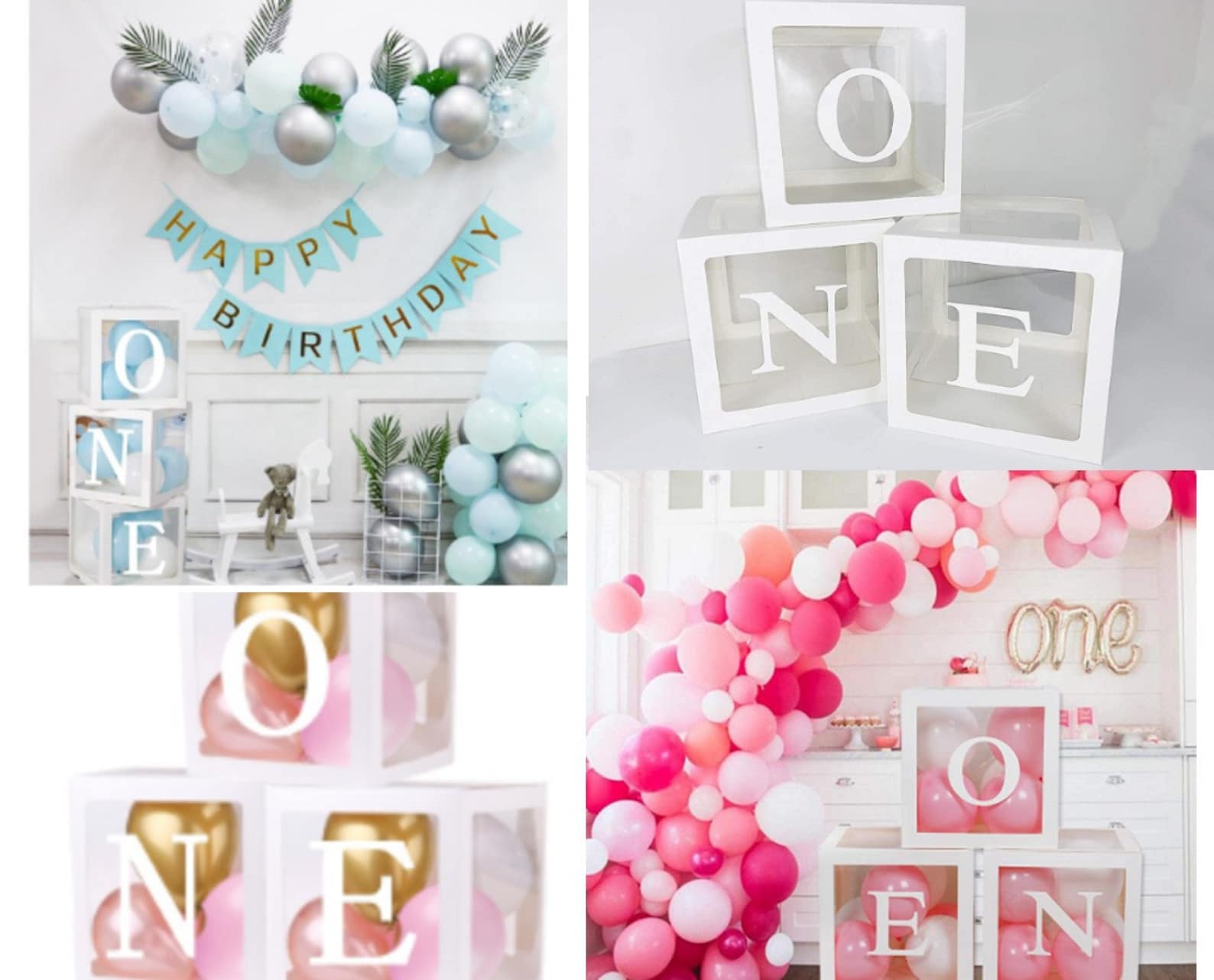 1st Birthday Decorations ONE Blocks O N E Box Balloon, Pink Eucalyptus ...