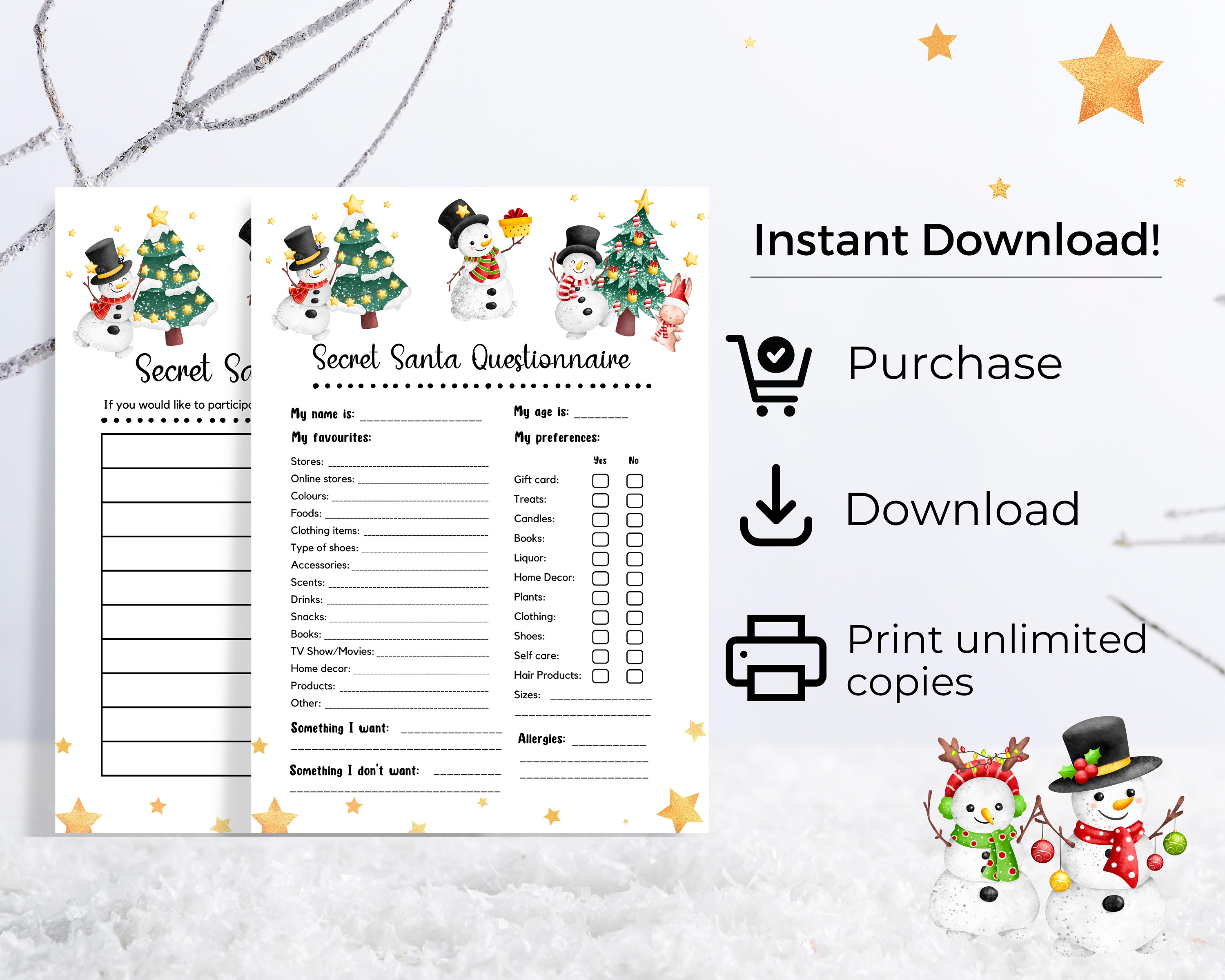 Secret Santa Exchange, Secret Santa Questionnaire, Sign up Sheet, Gift ...