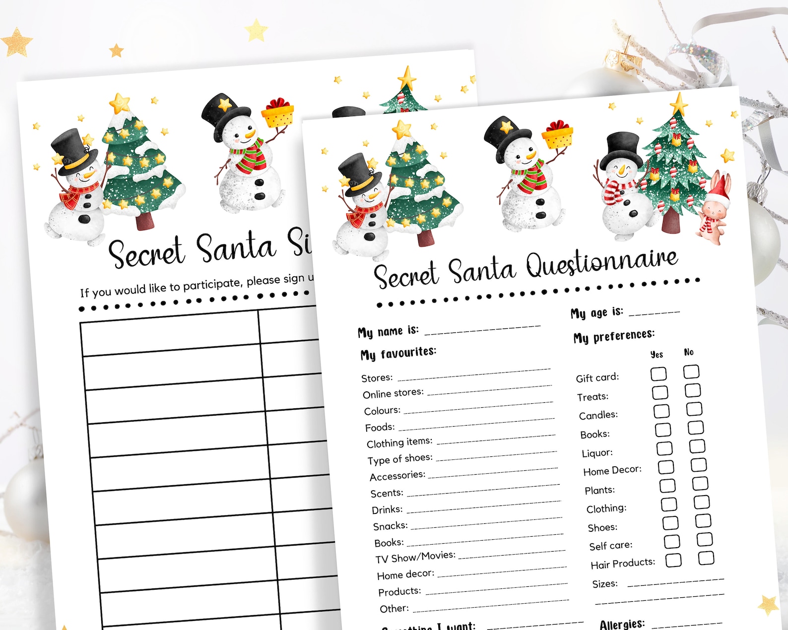 Secret Santa Exchange, Secret Santa Questionnaire, Sign up Sheet, Gift ...