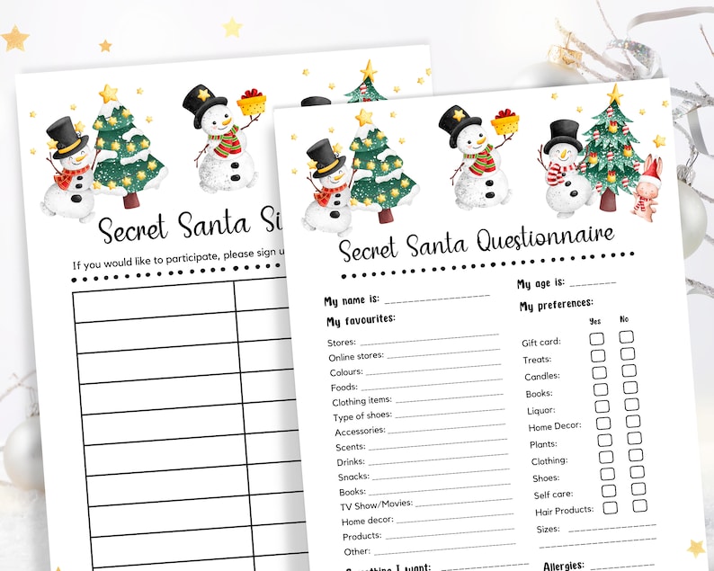 Secret Santa Exchange, Secret Santa Questionnaire, Sign up Sheet, Gift ...