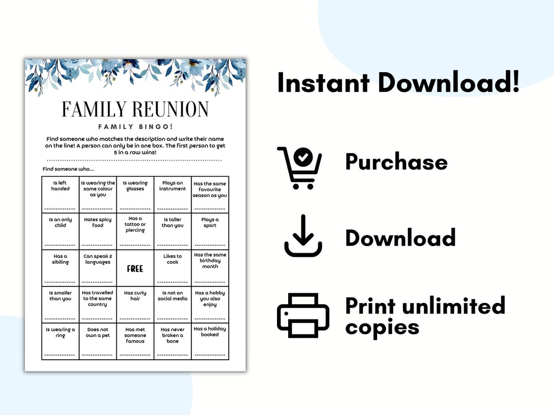 Human Bingo, Find Someone Who, Family Reunion Game, Icebreaker, Dinner ...