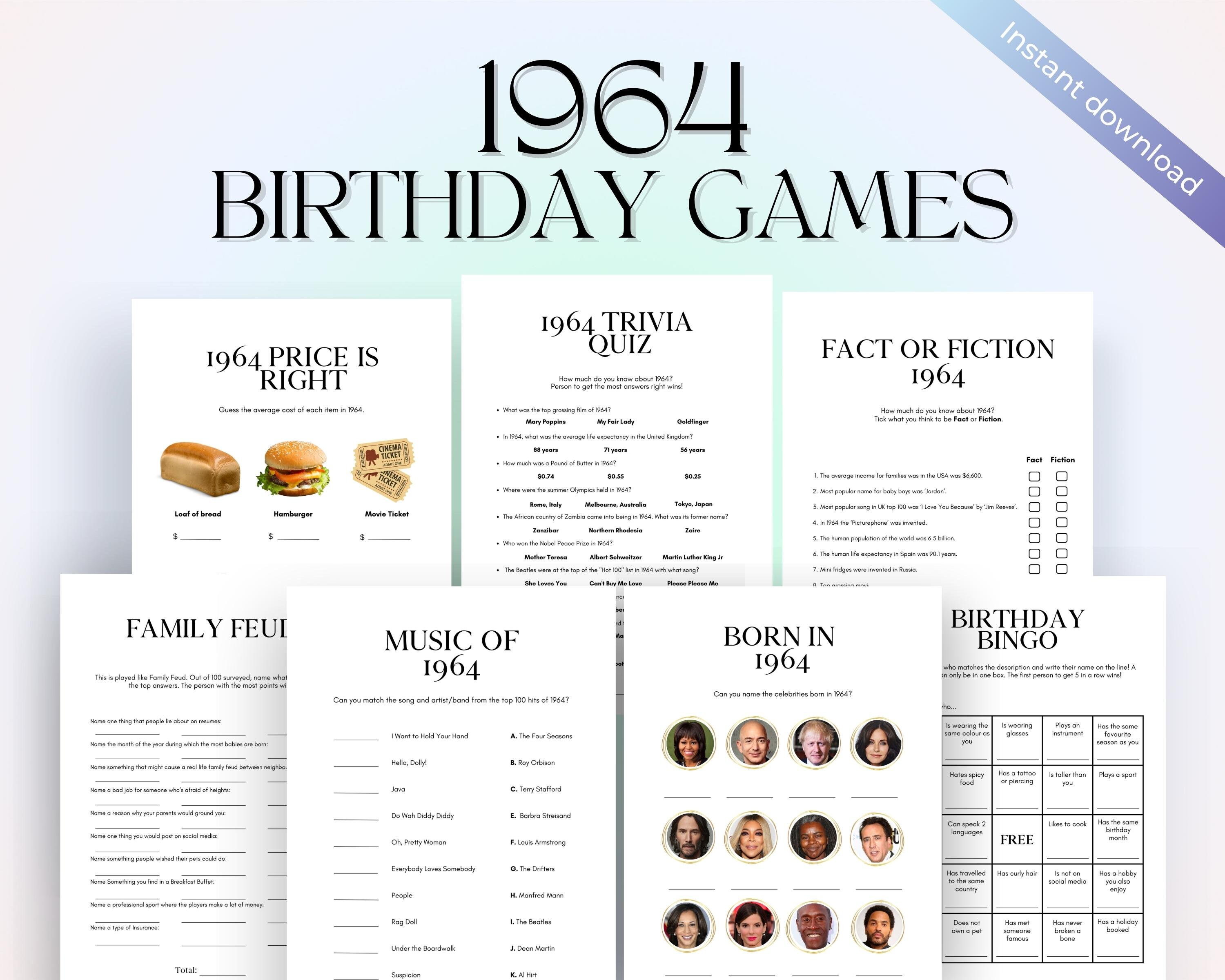 60th Birthday Games, 1964 Birthday Party Games, Born in 1964, Birthday ...