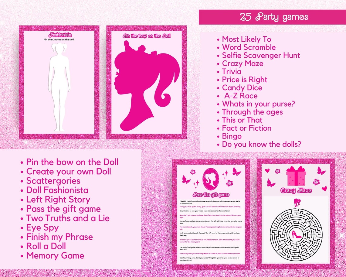 Pink Party Game Bundle, Doll Party, Pink Birthday Games, Girly Games ...