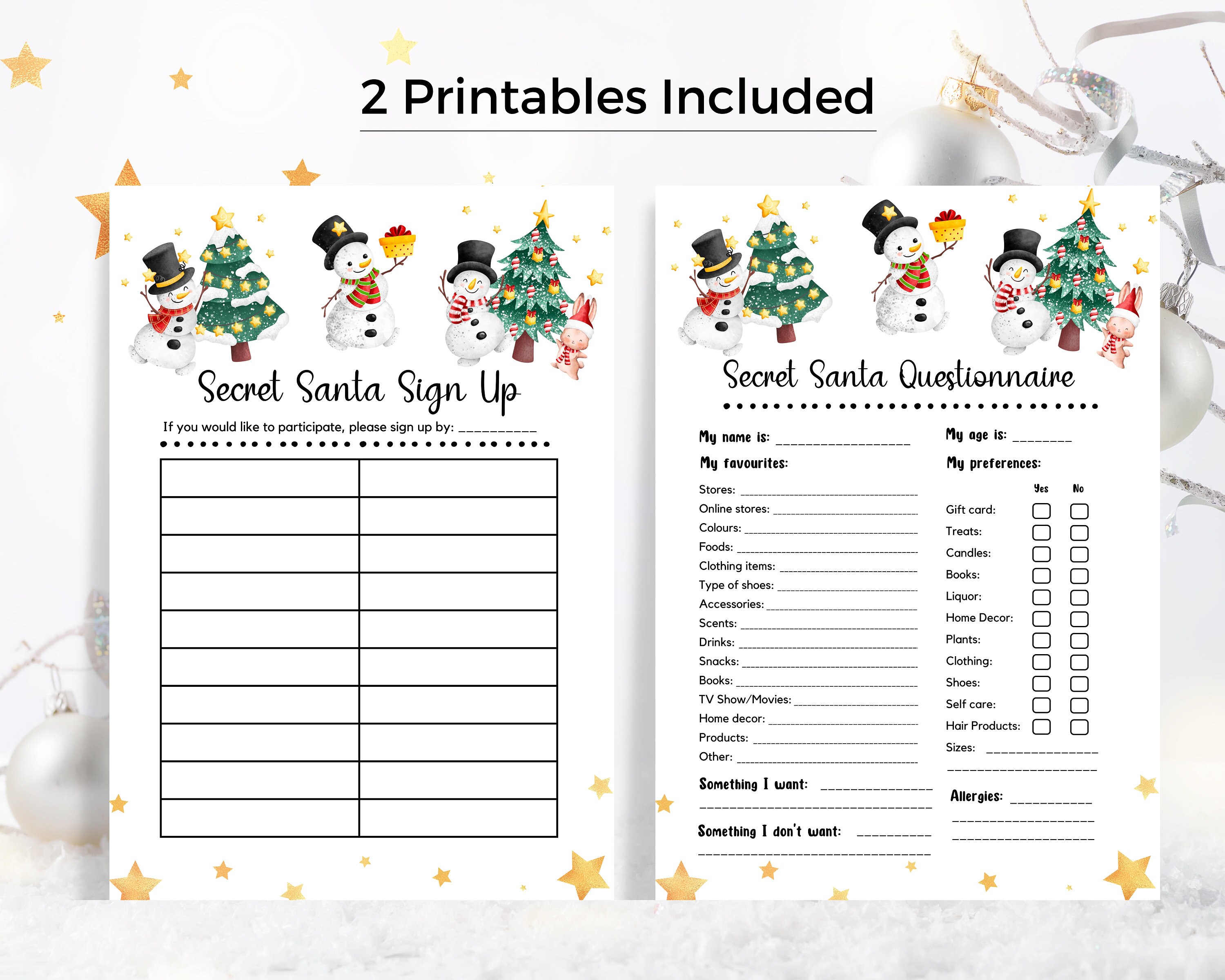 Secret Santa Exchange, Secret Santa Questionnaire, Sign up Sheet, Gift ...