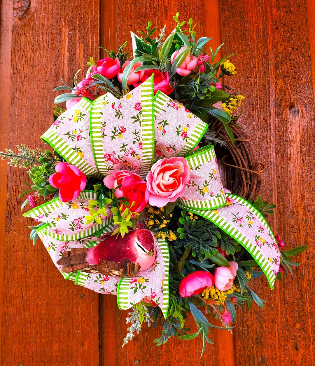 Charming Mini Spring Wreath With Floral Ribbon & Bird Accent, Spring ...