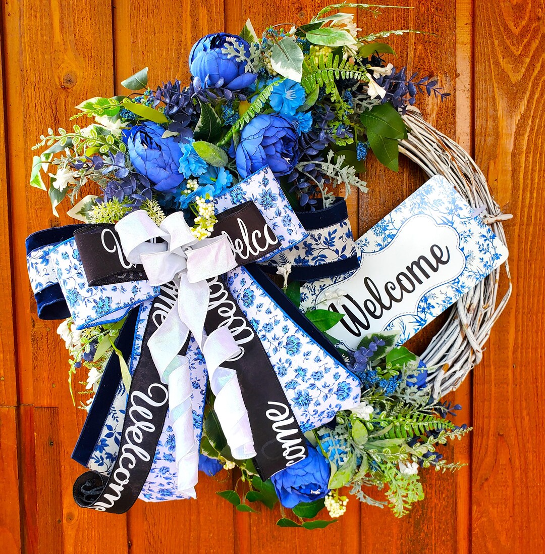 Elegant Blue Floral "welcome" Wreath, Spring Wreath, Summer Wreath ...
