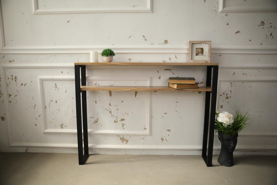 Metal Console With Shelf, Console With Oak Top, Industrial Hallway ...
