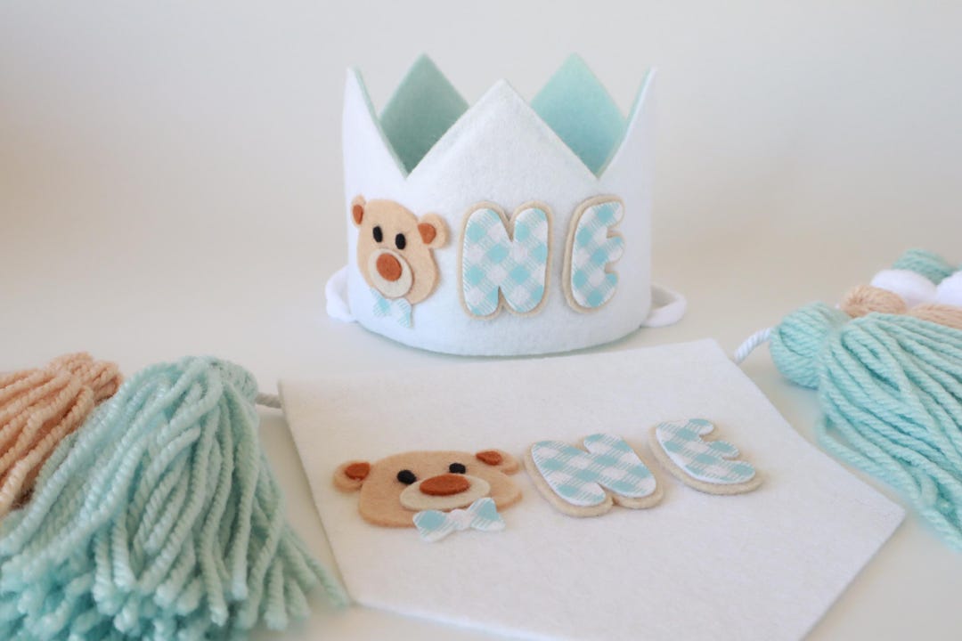 Baby Blue Gingham Teddy Bear Picnic Birthday Crown & Highchair Banner ...