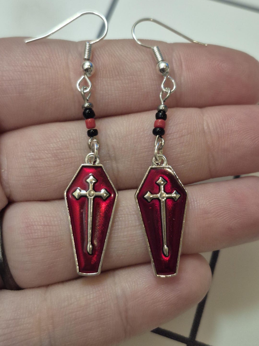 Red Coffin Dangle Earrings: Gothic Cross Pendant, Beaded Halloween ...