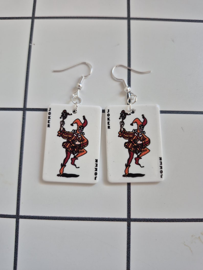 Joker Playing Card Earrings, Handmade Dangle Jewelry, Cartoon Harlequin ...