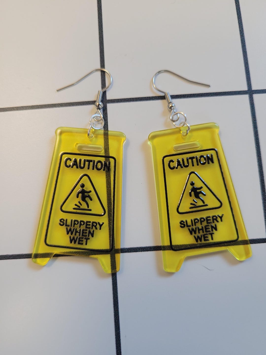 Acrylic Caution Slippery When Wet Sign Dangle Earrings, Raunchy ...