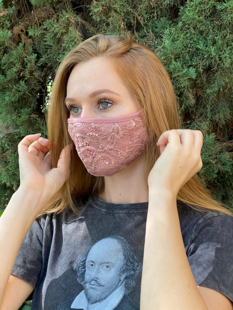 Face Mask Peach & Burgundy Lace Designer Mask, Washable and Reusable ...