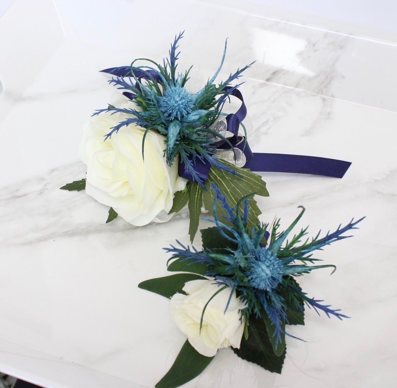 Set Wrist Corsage and Boutonniere-cream Rose Blue Thistle-pick Ribbon ...