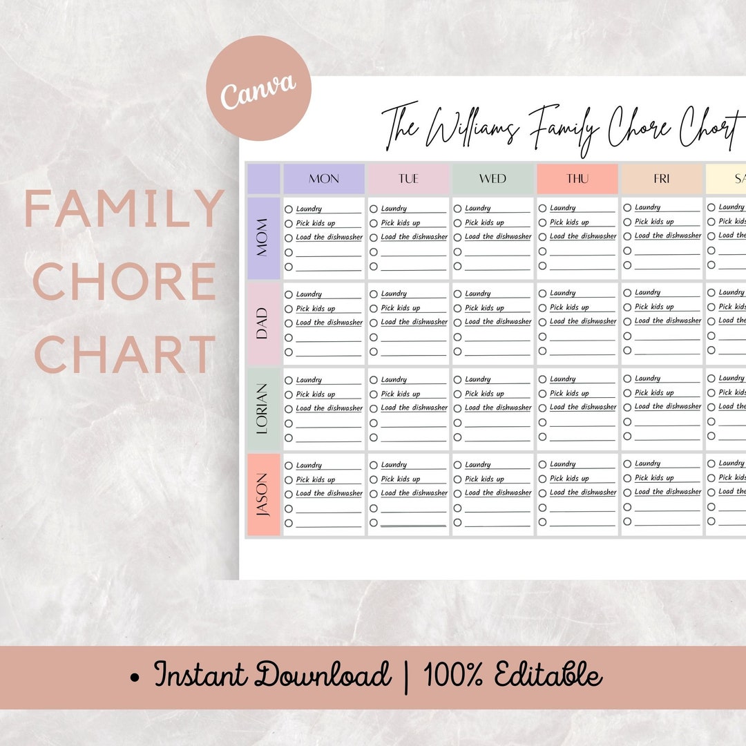 Family Chore Chart | Family Schedule | Cleaning Checklist Template ...