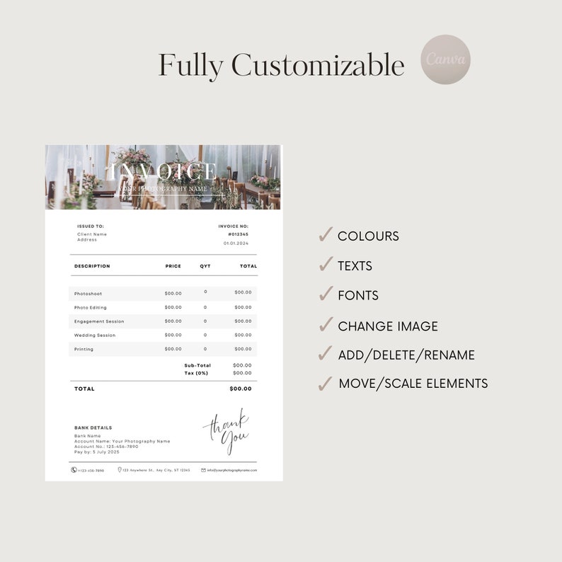 Photography Invoice Template Canva, Wedding Invoice Photography ...