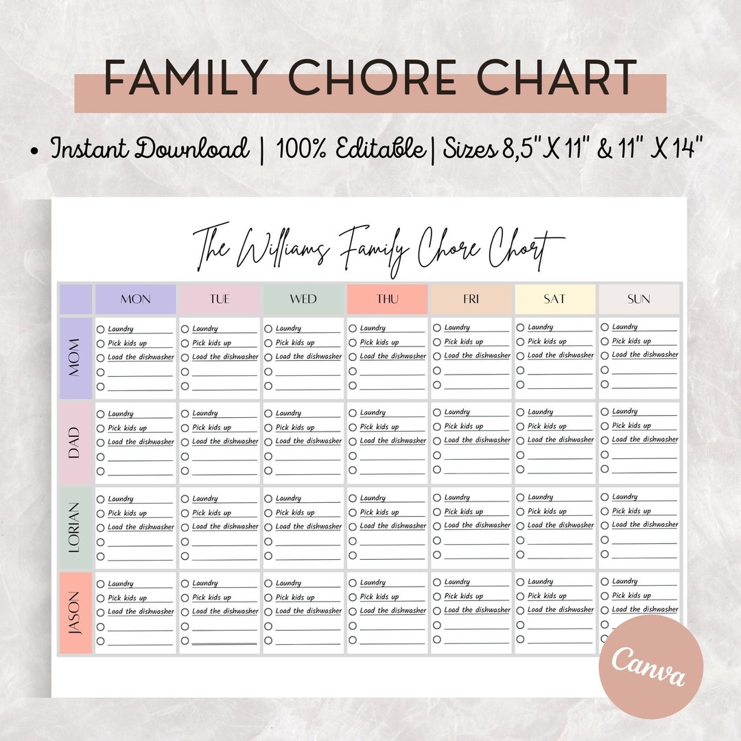 Family Chore Schedule | Kids Cleaning Schedule | Editable Chore Chart ...