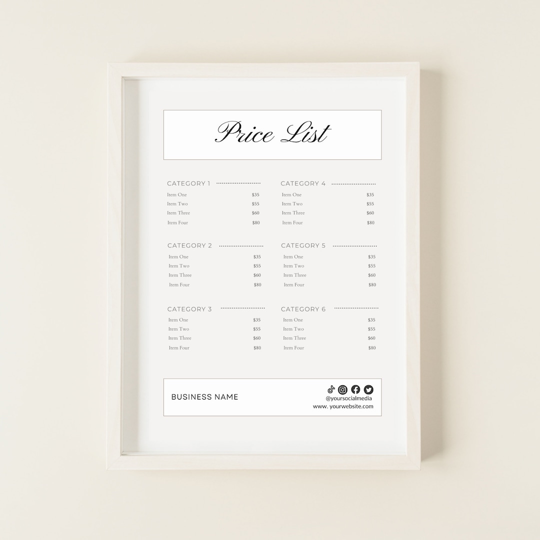Business Price List Sign Template | Printable Sign | Editable Price ...
