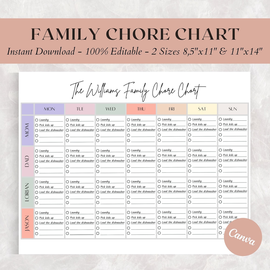 Editable Family Chore Chart | Family Schedule | Cleaning Checklist ...