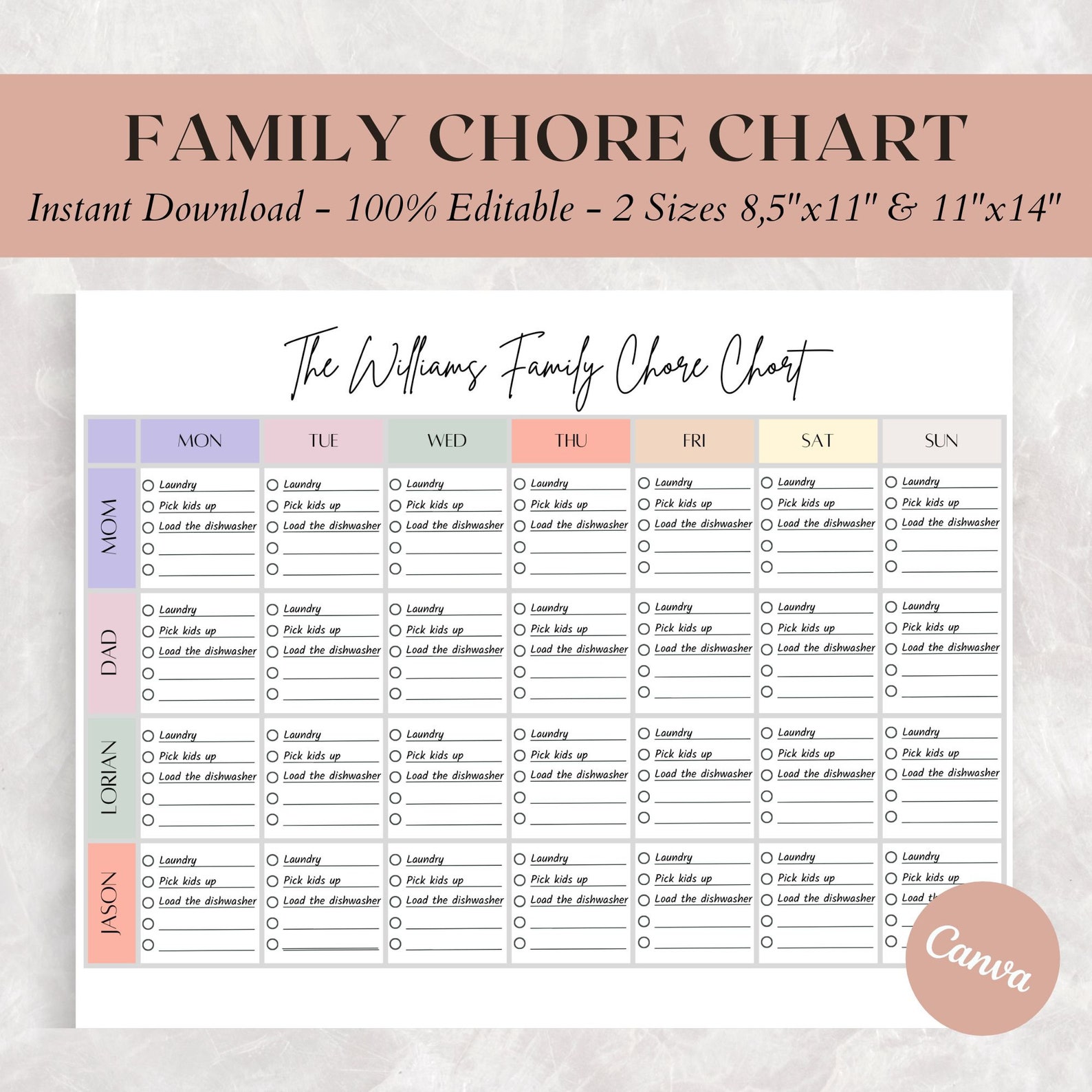 Editable Family Chore Chart | Family Schedule | Cleaning Checklist ...