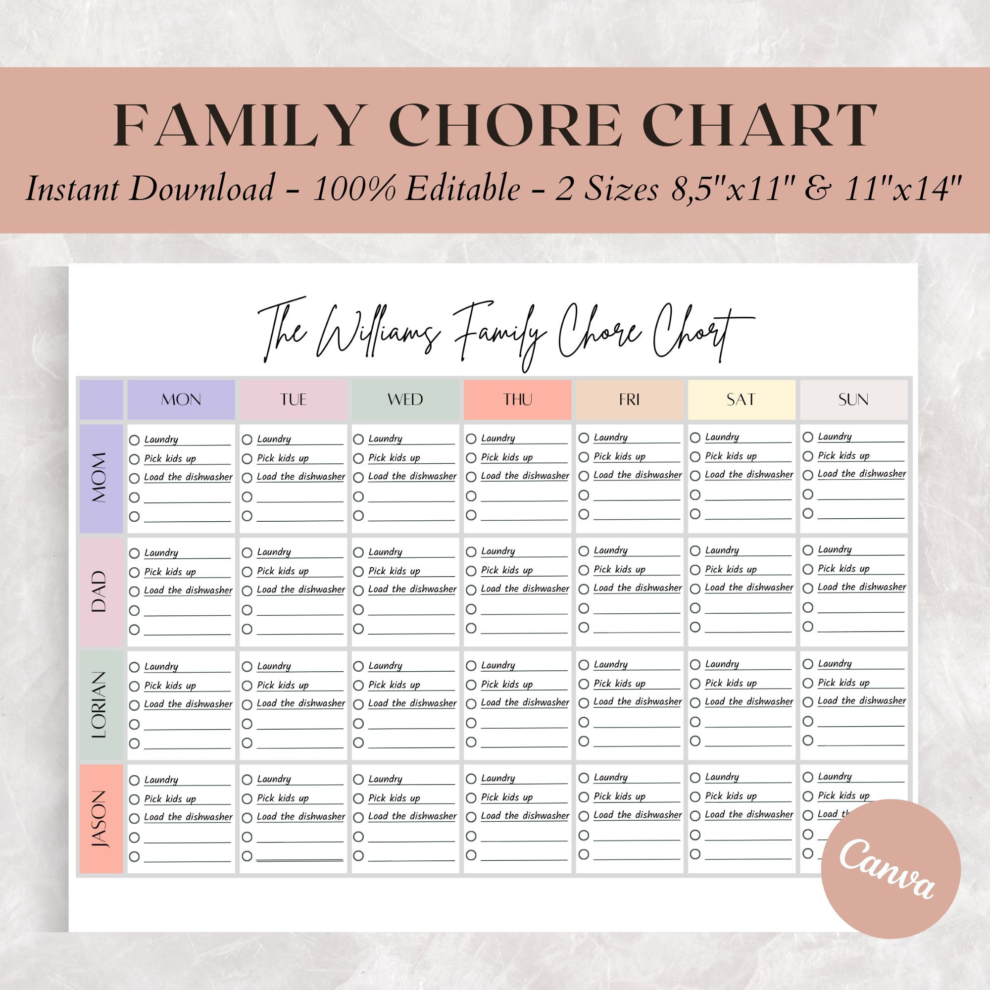 Editable Family Chore Chart | Family Schedule | Cleaning Checklist ...
