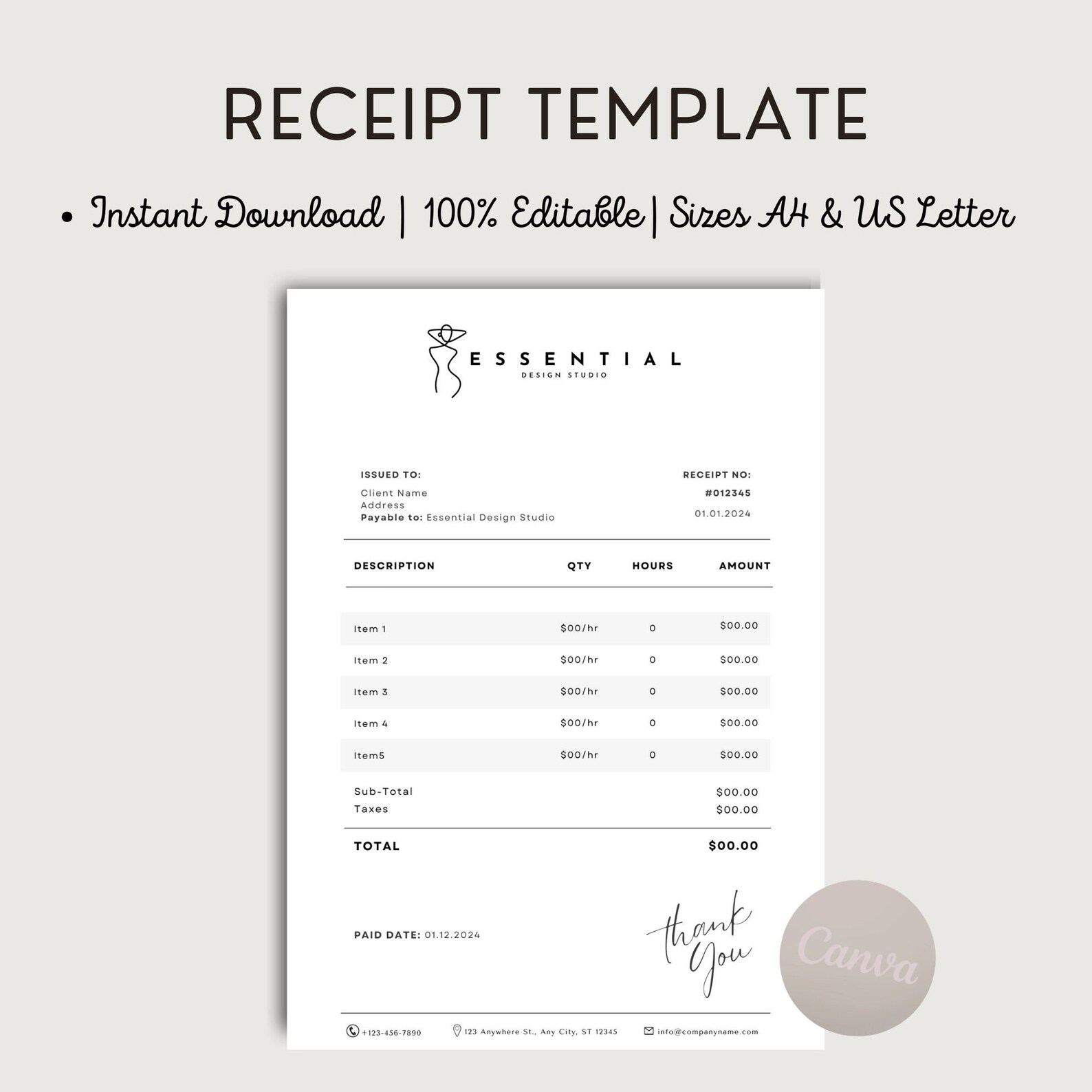 Minimal Receipt Template Canva | Printable Receipt for Small Business ...